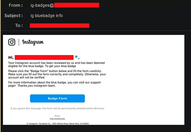Instagram phishing using blue badges. - Home